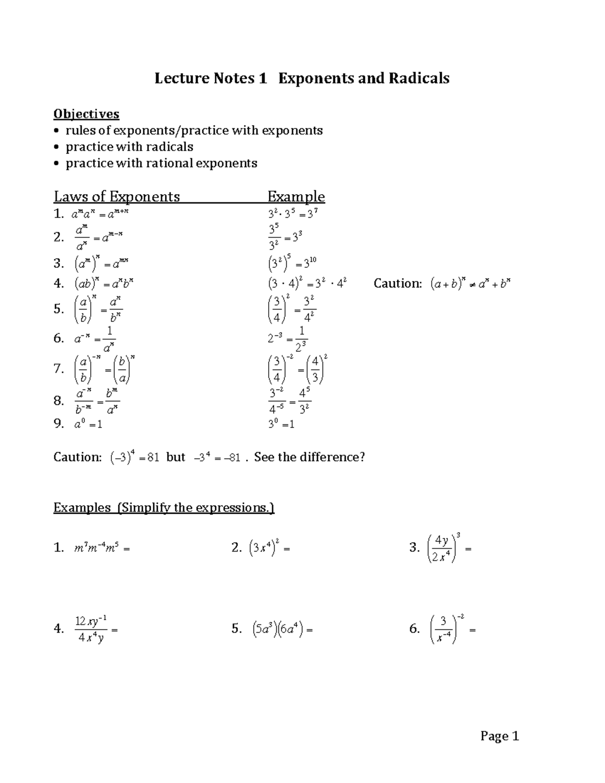 Lecture Notes 1: Exponents & Radicals (Math 101) - Studocu