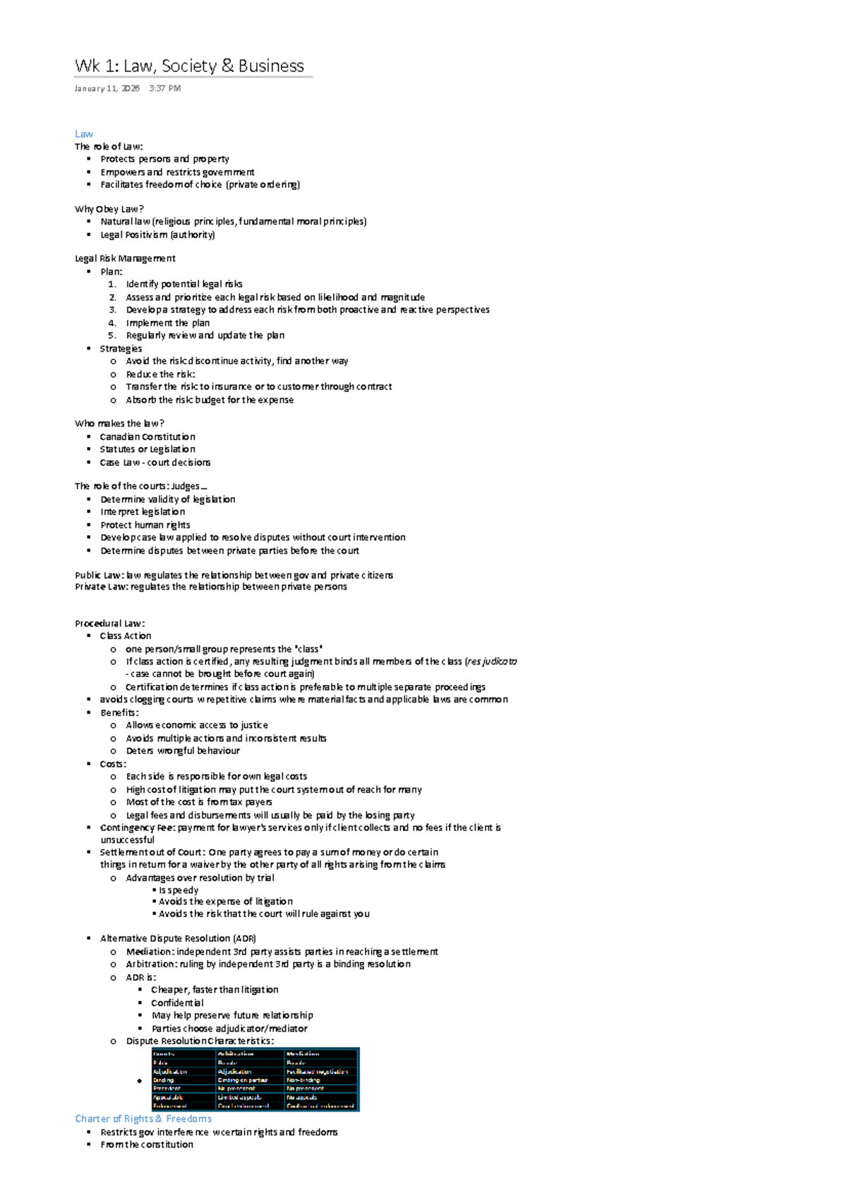 Law 101: Week 1 Summary - The Role of Law in Society and Business - Studocu