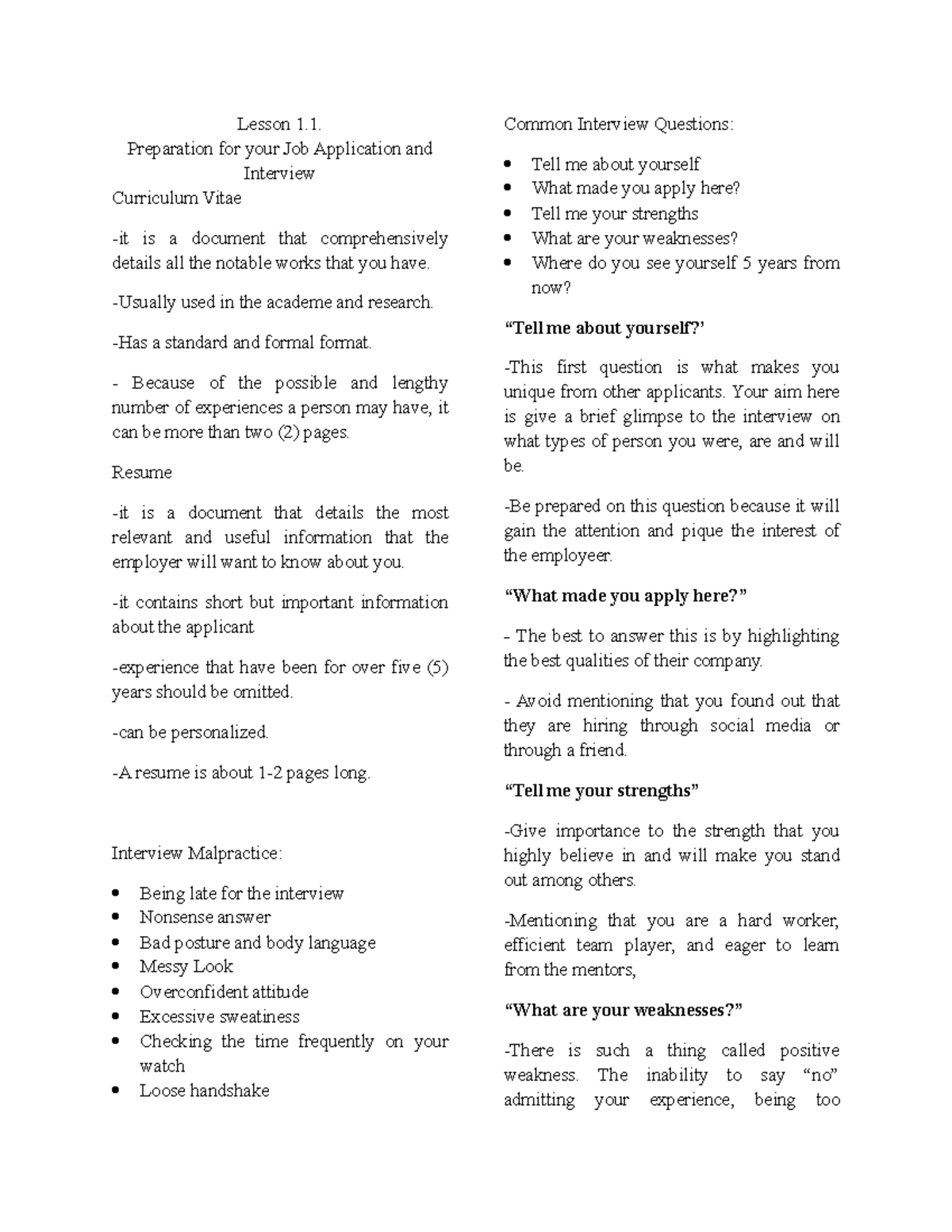 WORK Immersion - Lesson 1. Preparation for your Job Application and ...