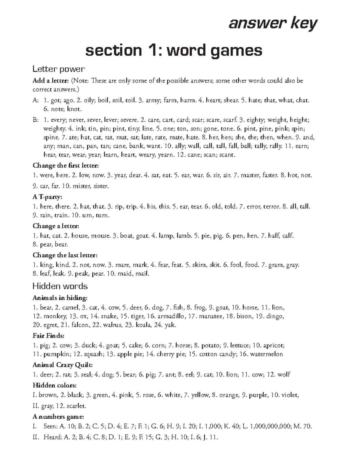 178 197 answer key - it is nice - answer key section 1: word games ...