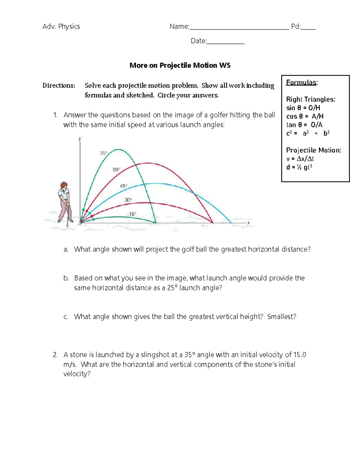 Projectile Motion WS: Advanced Physics on Launch Angles and Distances - Studocu