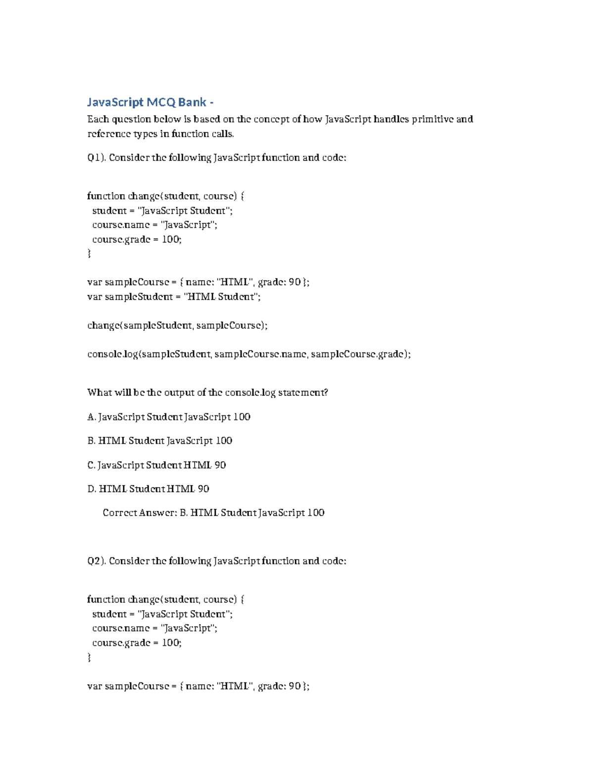 JavaScript MCQ Bank: Understanding Primitive & Reference Types - Studocu