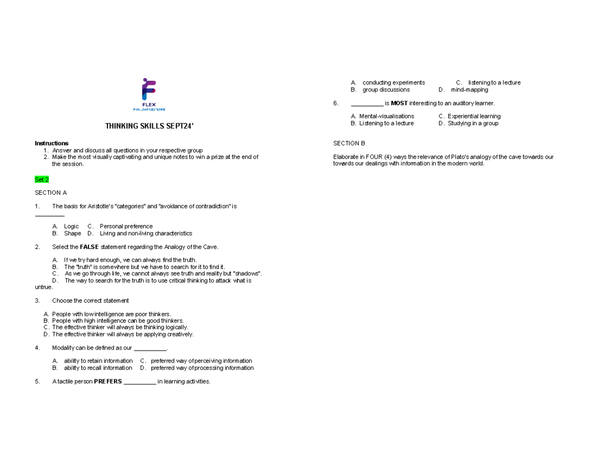Set 1 TS FLEX - Google Docs - THINKING SKILLS SEPT24’ Instructions 1 ...