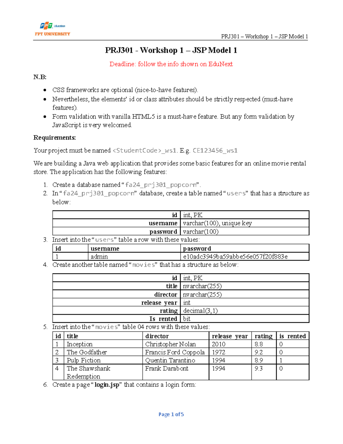 FA24 PRJ301 Workshop 1 - JSP Model 1 Project Guidelines - Studocu