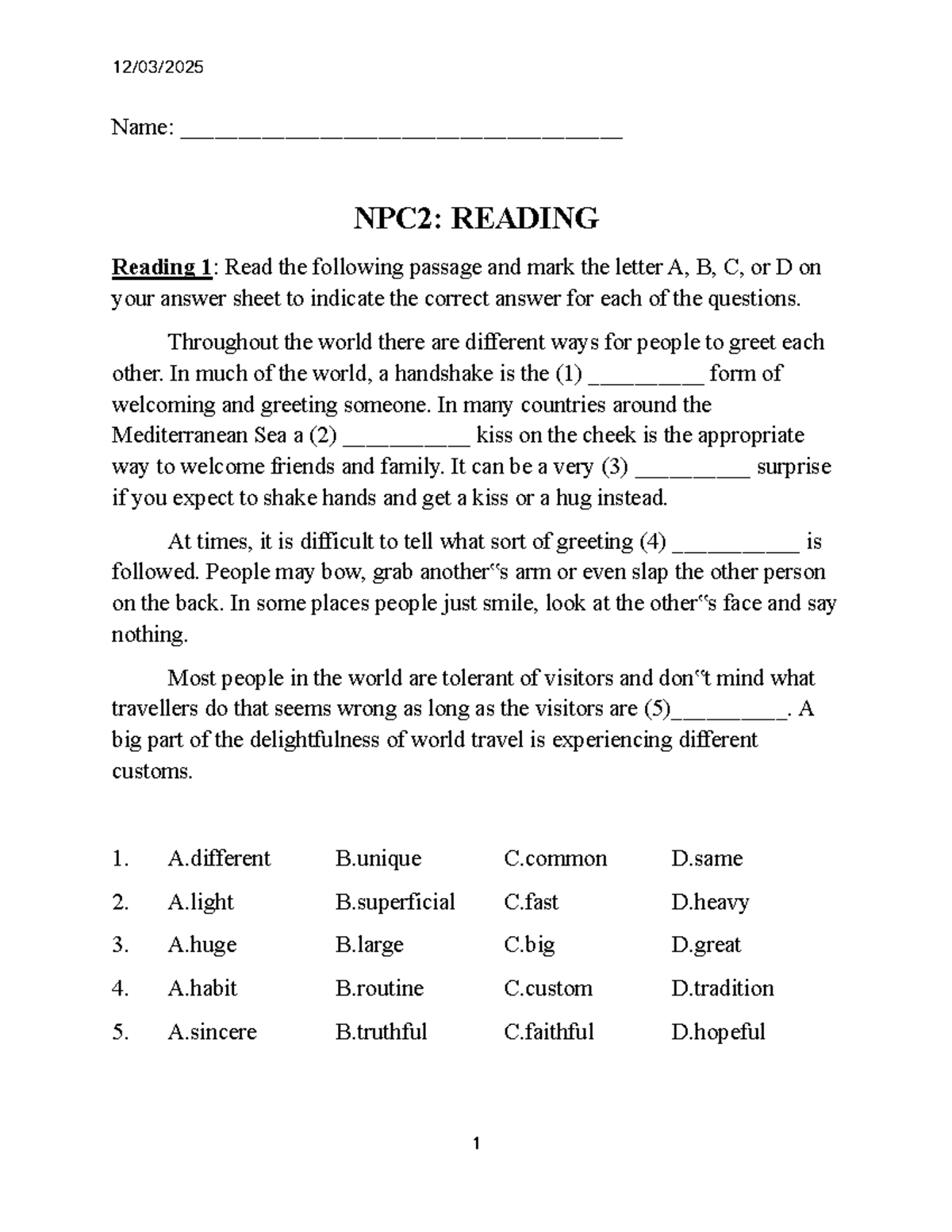 NPC2: READING Practice - Understanding Greetings & Caste System - Studocu