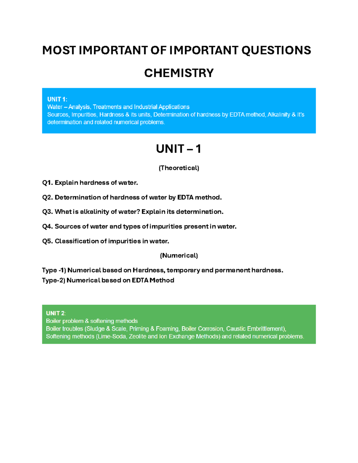 Important Questions for Chemistry Unit 1-5 (Theoretical & Numerical ...