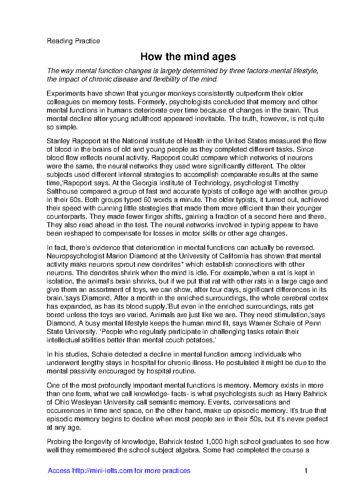IELTS Reading Practice: Understanding How the Mind Ages - Studocu