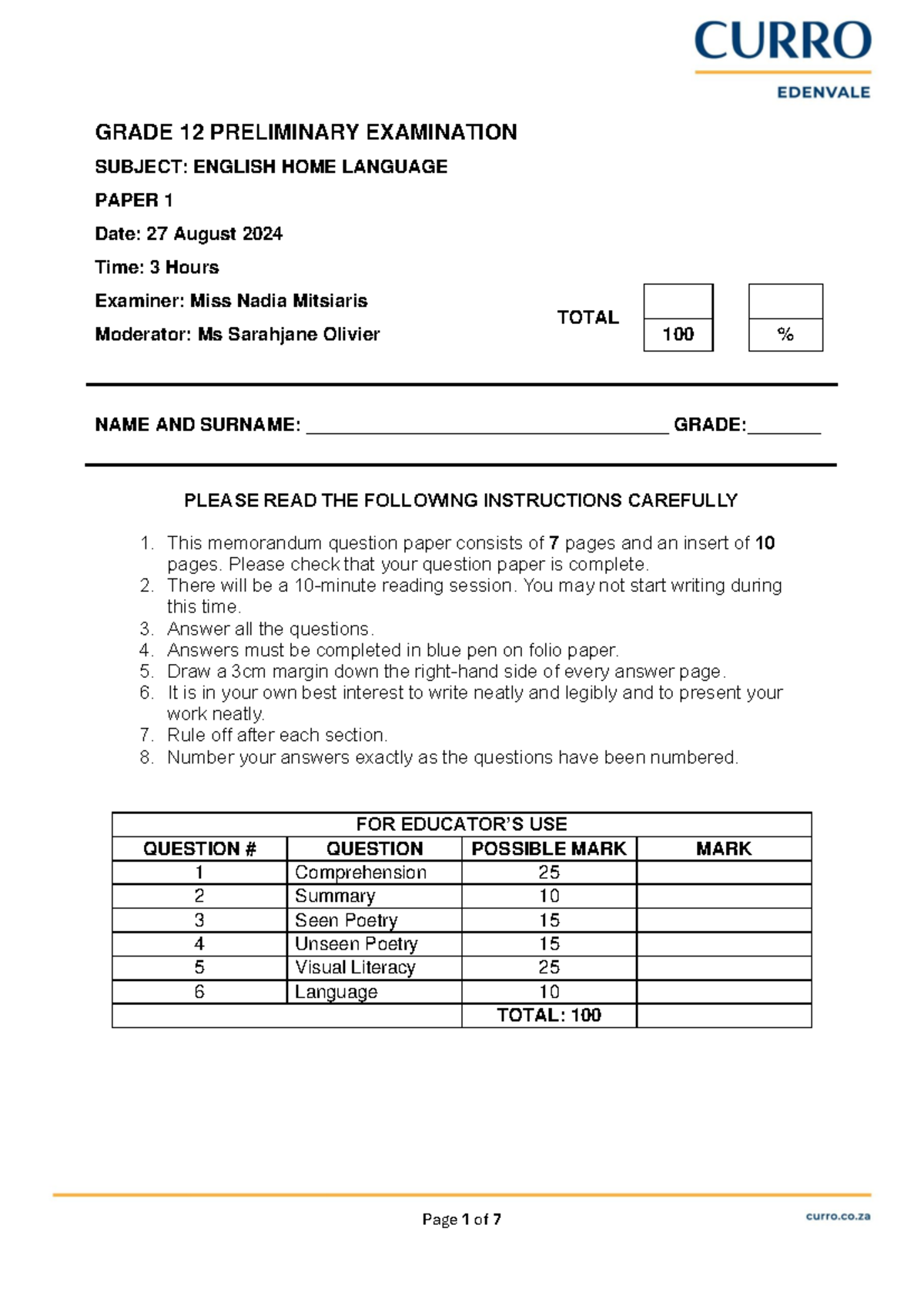 Prelim Exam Paper 1: Grade 12 English Home Language 2024 - Studocu