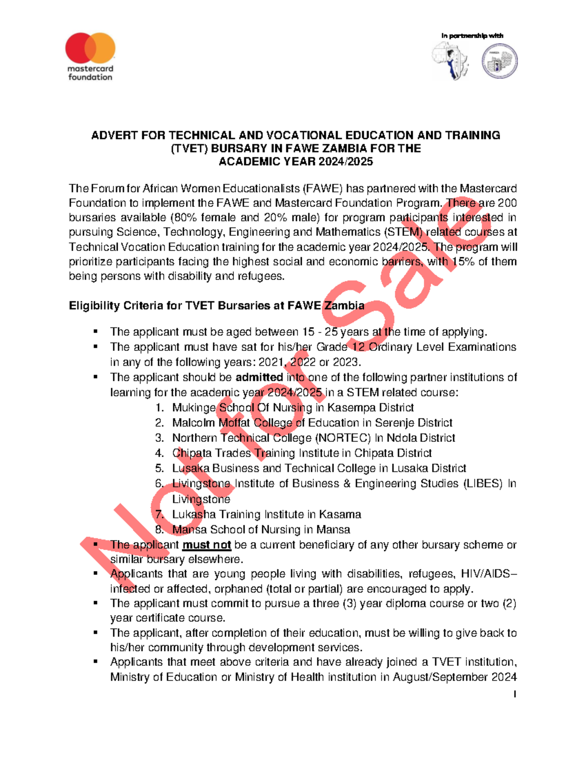 FAWE-Zambia TVET Bursary Application Form for 2024/2025 Academic Year ...