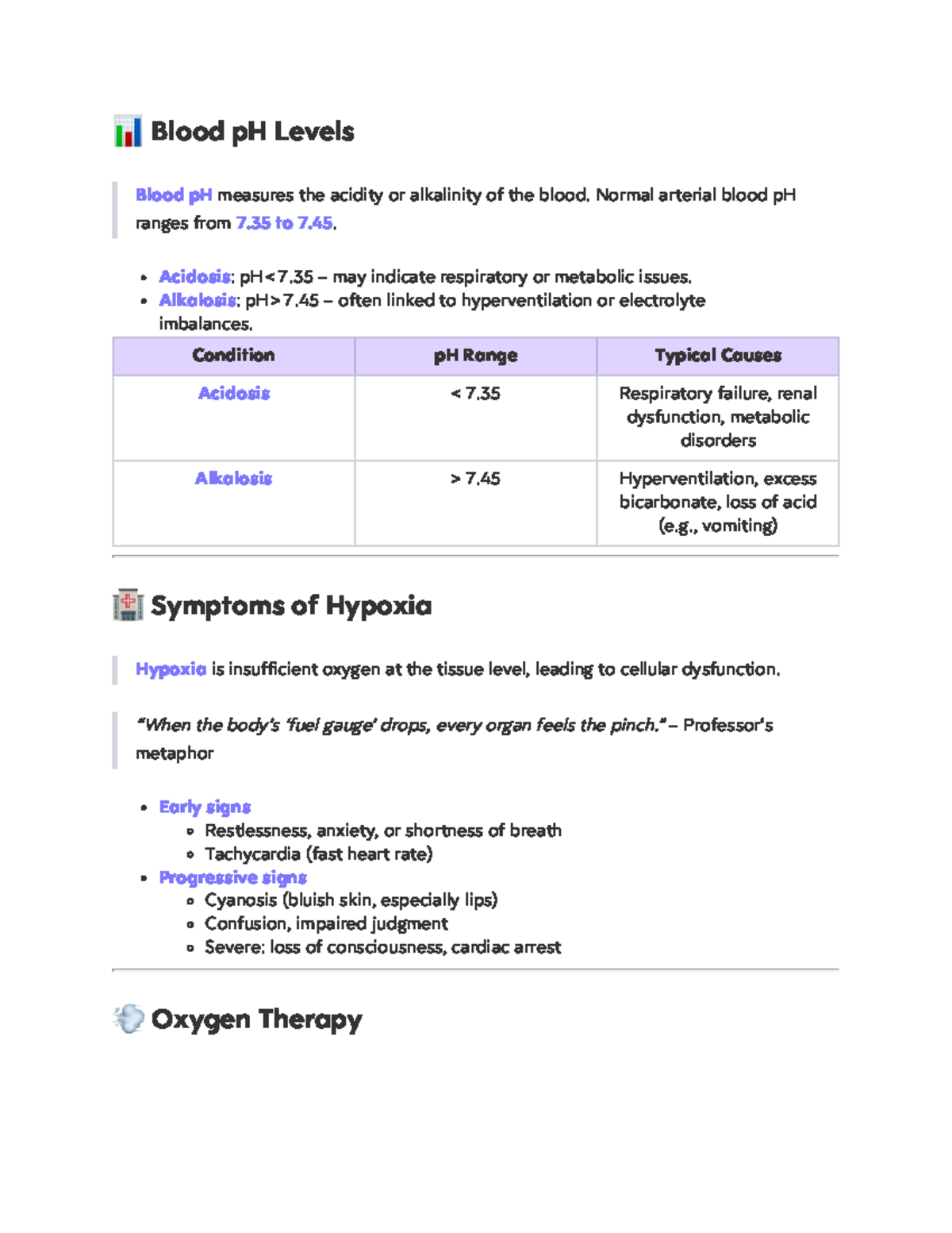 Blood pH, Hypoxia, and Oxygen Therapy Overview (MED 101) - Studocu