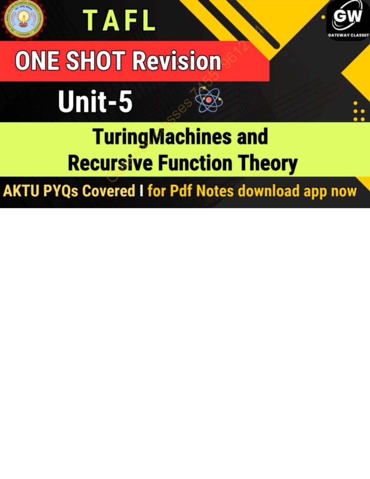 TAFL UNIT-5: Turing Machines & Recursive Function Theory Notes - Studocu