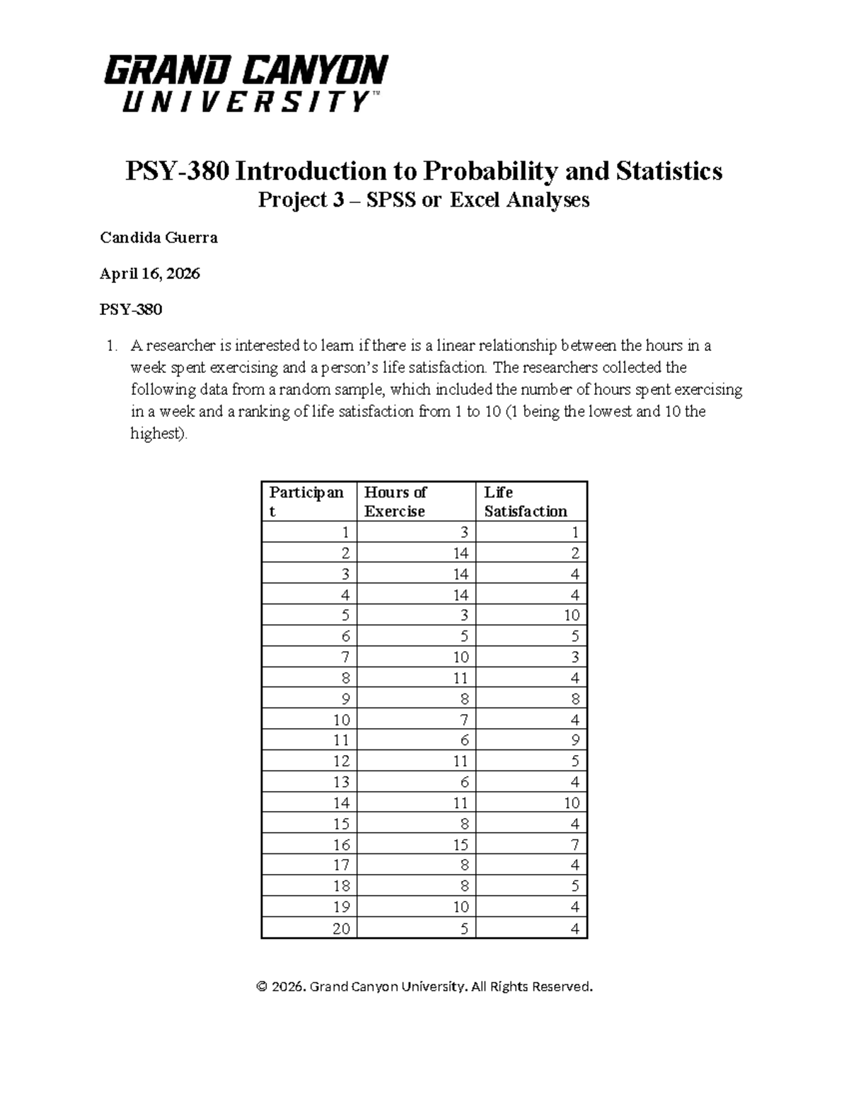 PSY 380 Project 3: SPSS & Excel Analyses on Exercise and Life ...