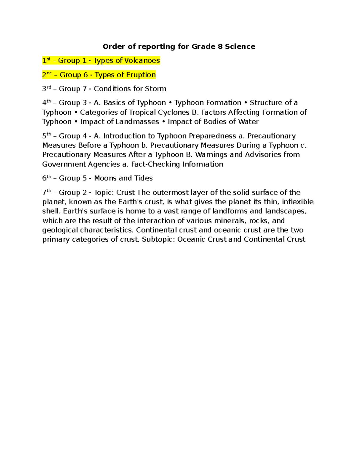 Grade 8 Science: Reporting Order on Volcanoes, Typhoons, and Crust ...