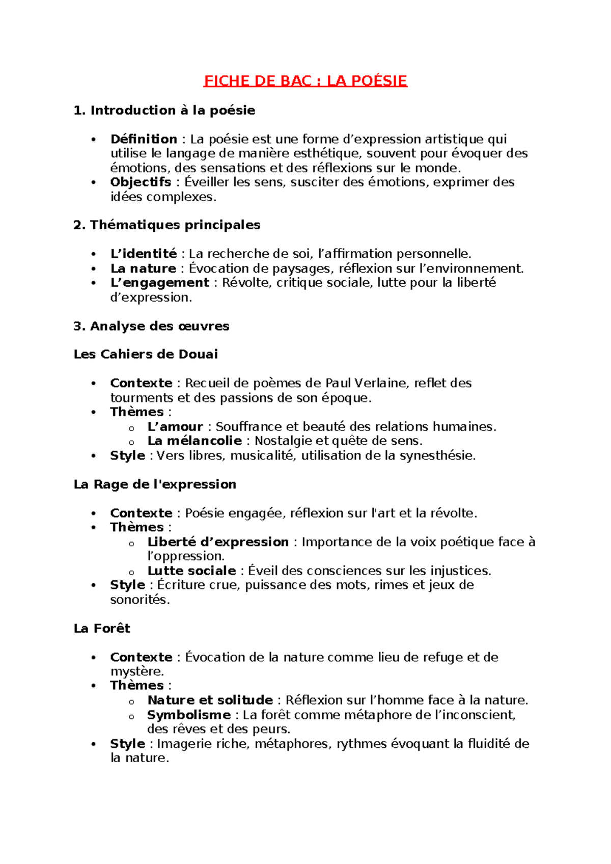 FICHE DE BAC : ANALYSE DE LA POÉSIE ET THÉMATIQUES PRINCIPALES - Studocu