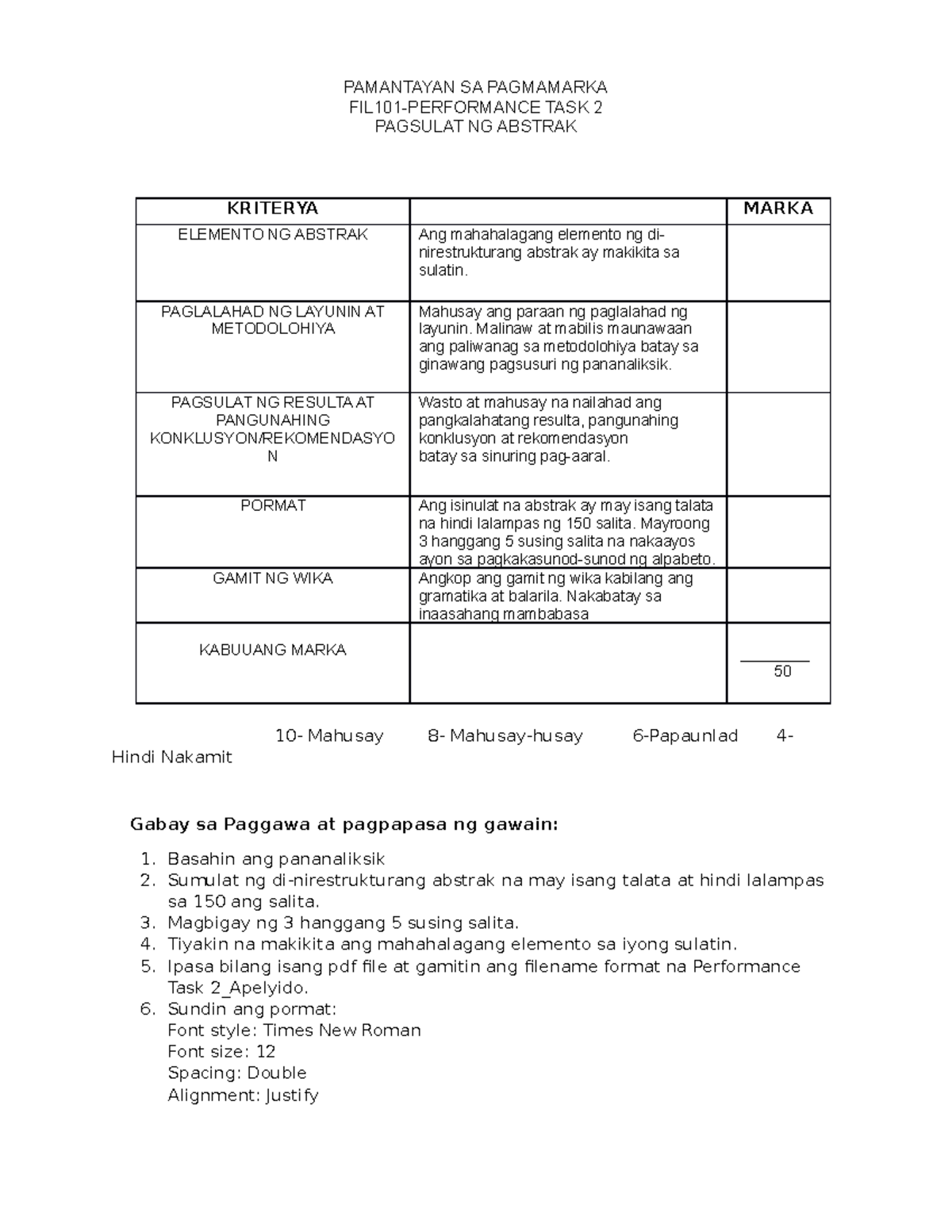 FIL101 2Q PT Rubrics - Pamantayan ng Pagmamarka - PAMANTAYAN SA ...
