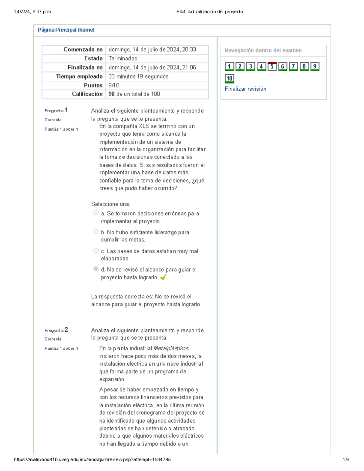 EA4. Respuestas Correctas Examen Proyecto de Implementación - Studocu
