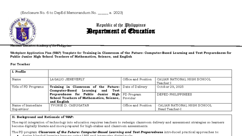 WAP Template: Classroom of the Future for Junior High Teachers - Studocu