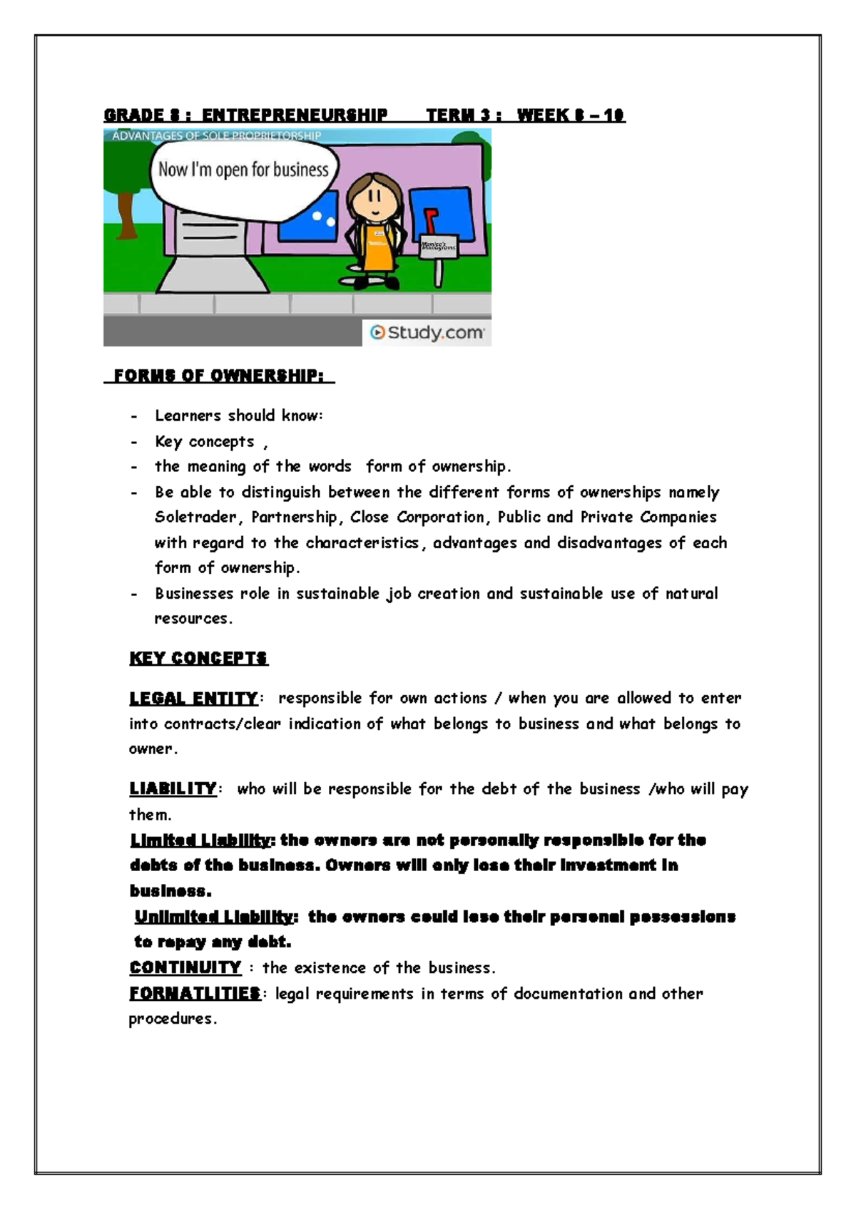 Gr. 8 ENTREPRENEURSHIP TERM 3 Notes: Forms of Ownership Overview - Studocu