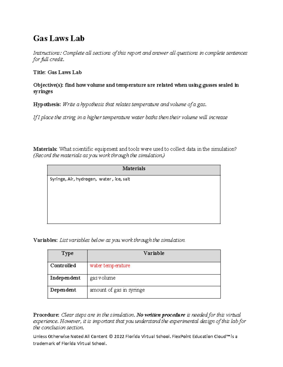 Gas Laws Lab Report: Exploring Volume-Temperature Relationship (GSLW ...