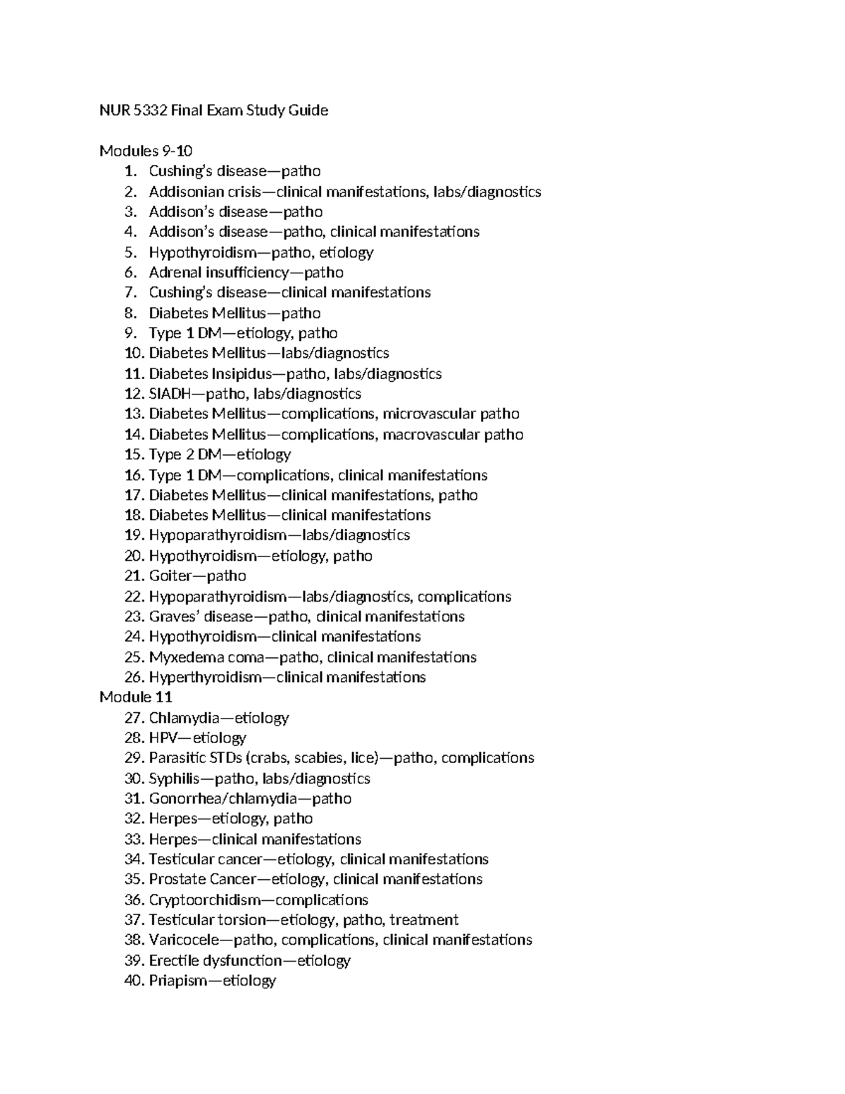 NUR 5332 Final Exam Study Guide: Key Concepts & Clinical Manifestations SP24 - Studocu