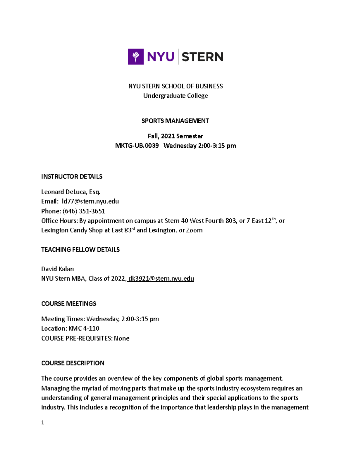 Sports Management Syllabus - MKTG-UB.0039 Fall 2021 - Studocu