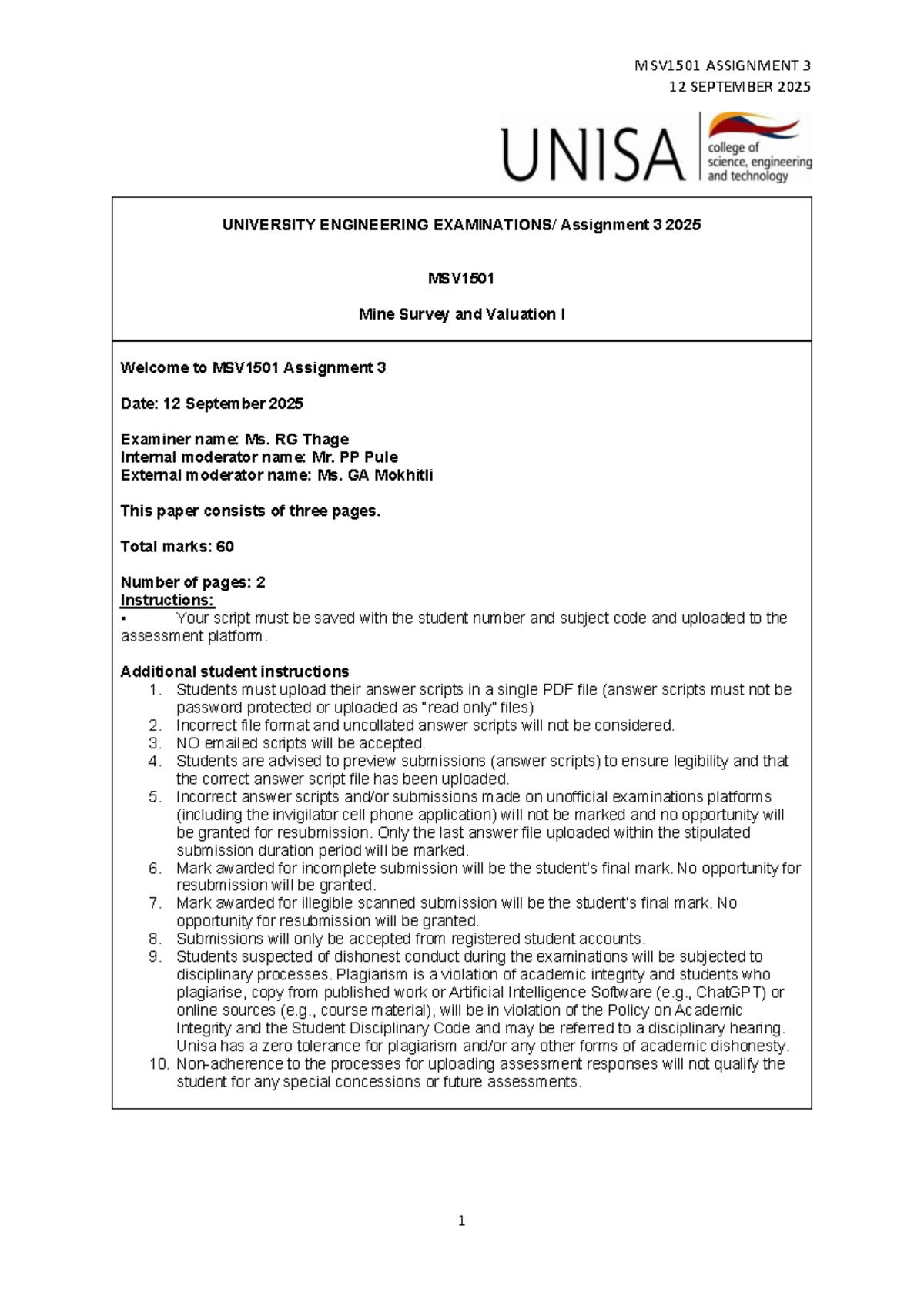 MSV1501 2025 Assignment 3: Mine Survey and Valuation I - Studocu
