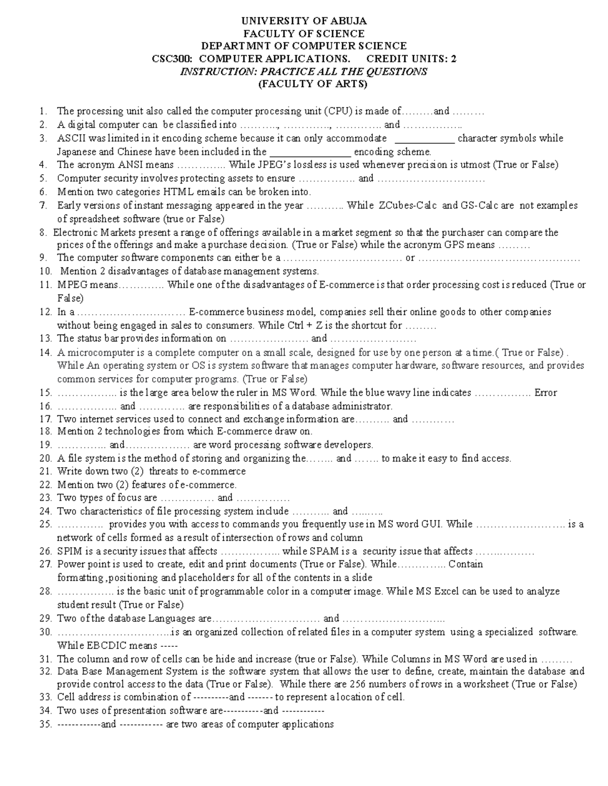 CSC300 Practice Questions-1-1 - UNIVERSITY OF ABUJA FACULTY OF SCIENCE ...