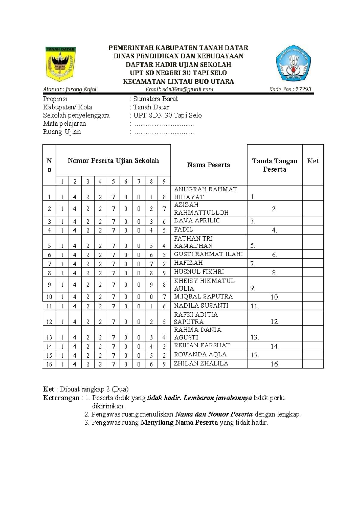Daftar Hadir Ujian Sekolah UPT SDN 30 Tapi Selo - Tanah Datar - Studocu