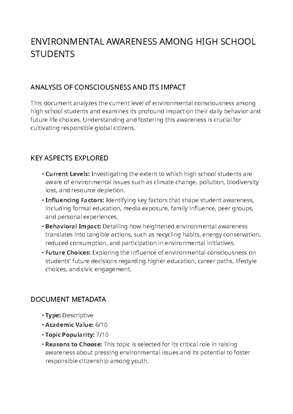 ENVIRONMENTAL AWARENESS IN HIGH SCHOOLS: STUDENT IMPACT ANALYSIS - Studocu