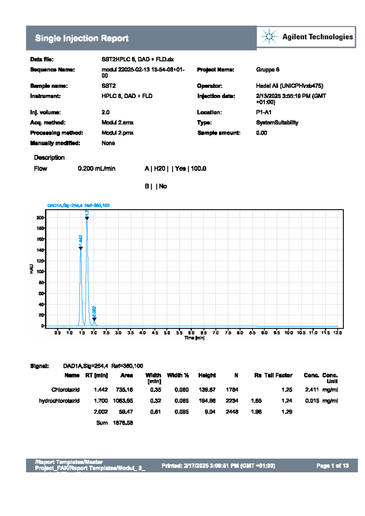 Single Injection Report for HPLC 8, DAD - Modul 2 Analysis - Studocu