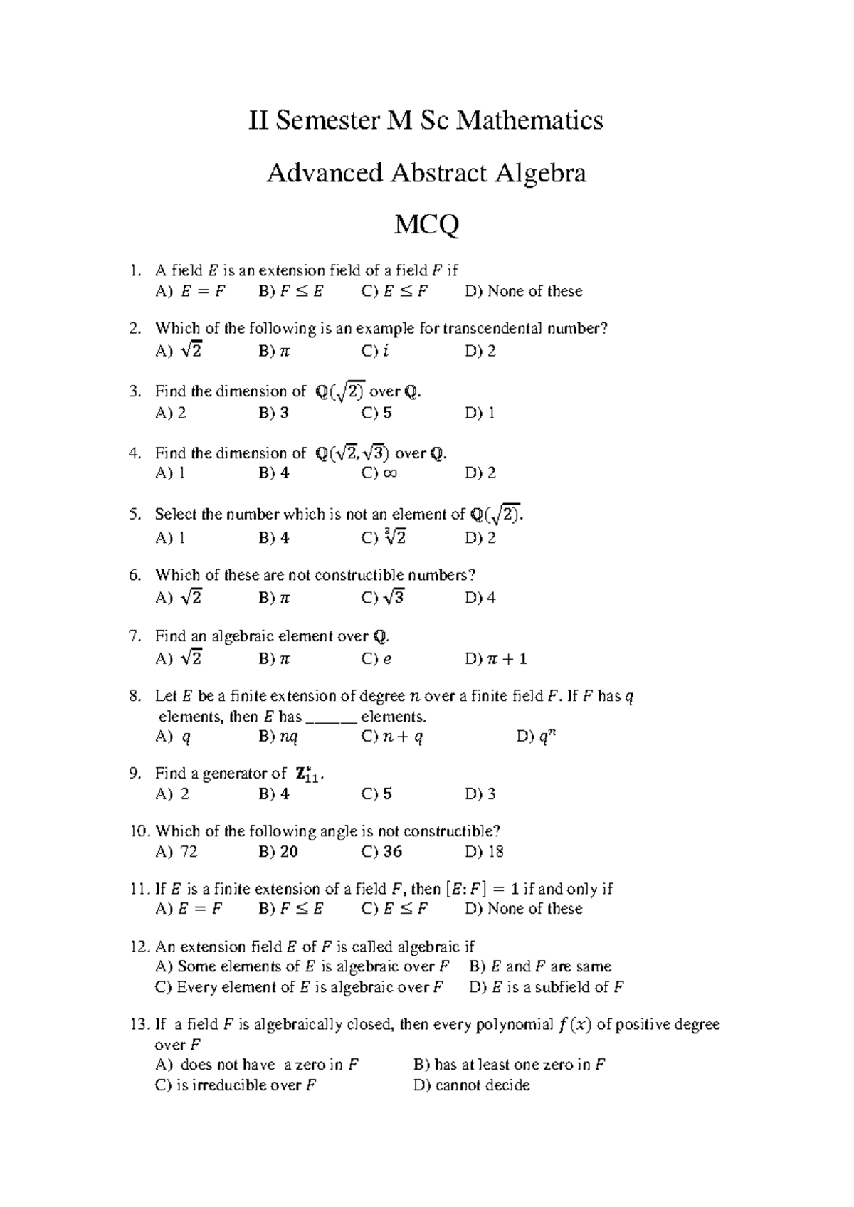 ME010201 Advanced Abstract Algebra: MCQ Practice Questions & Solutions ...
