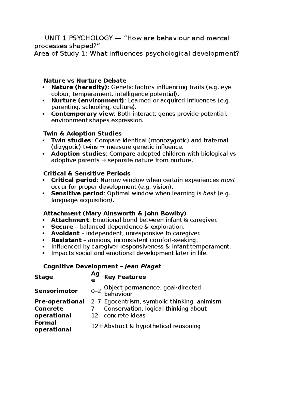 UNIT 1 Psychology Notes: Nature vs Nurture & Developmental Influences ...