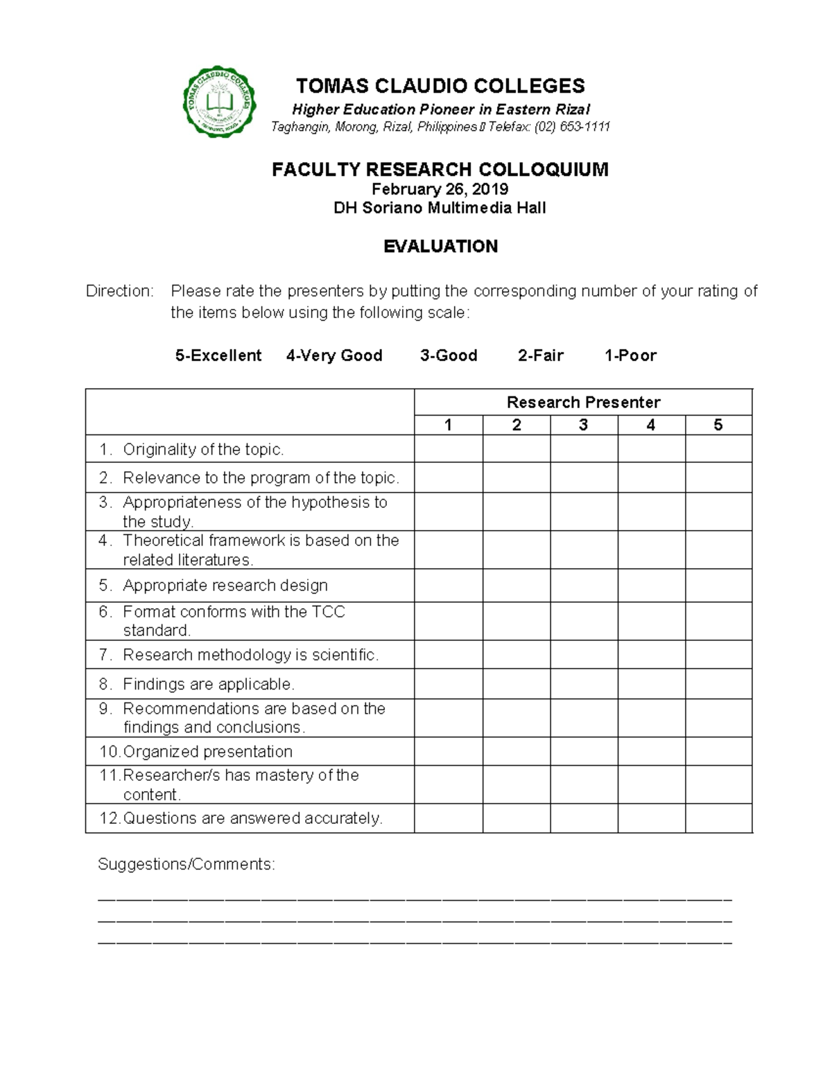 Evaluation Form: Faculty Research Colloquium (Feb 2019) - Studocu