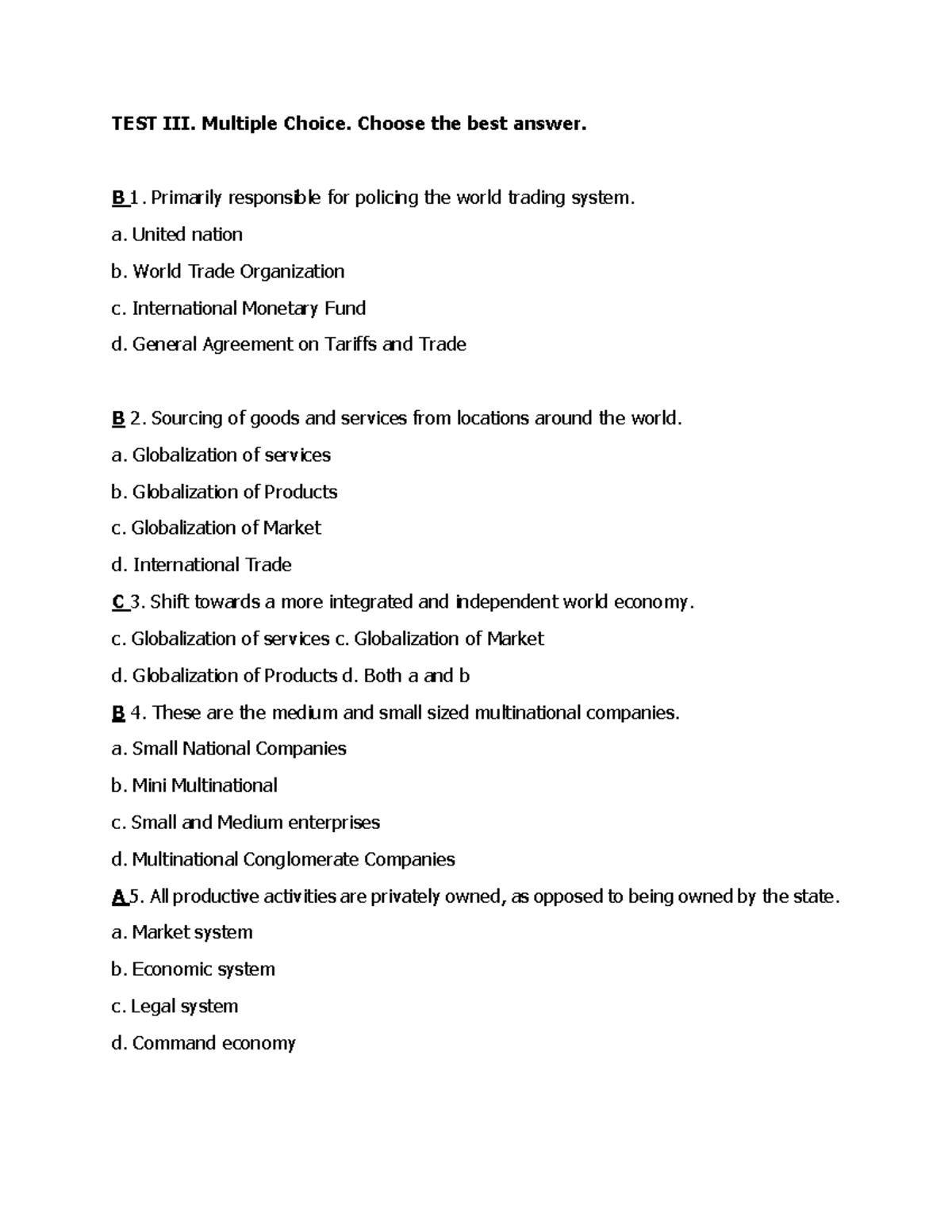 International Business and Trade MCQ Test III: Key Concepts & Terms ...