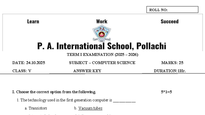 C5 CSC Term I Exam 2025-2026 Computer Science Answer Key - Studocu