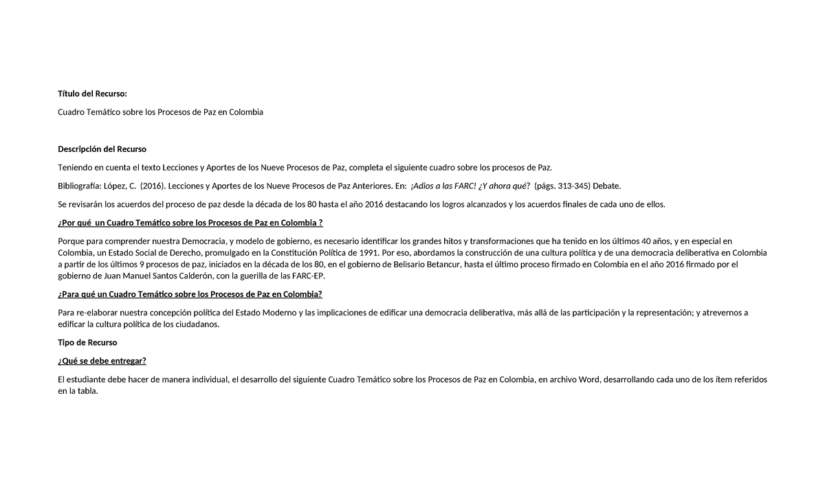 Cuadro Temático: Procesos de Paz en Colombia (1980-2016) - Studocu