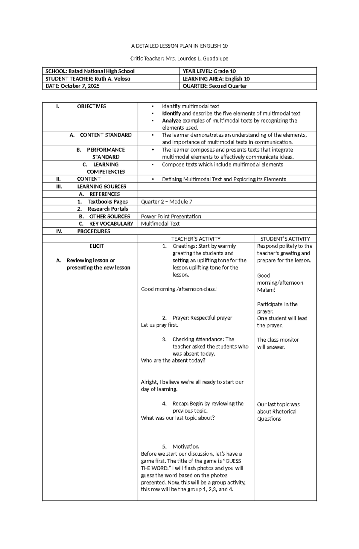 Detailed Lesson Plan for English 10: Multimodal Texts (DLP-W3-D1) - Studocu