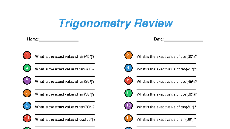 Trigonometry Review 2: Exact Values and Problem Solving - Studocu