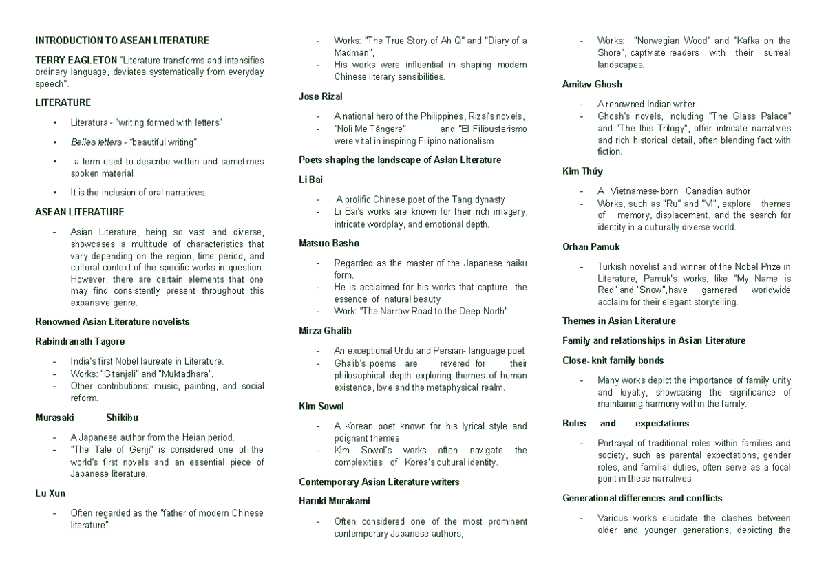 ASEAN Literature Overview: Key Writers, Themes & Significance - Studocu