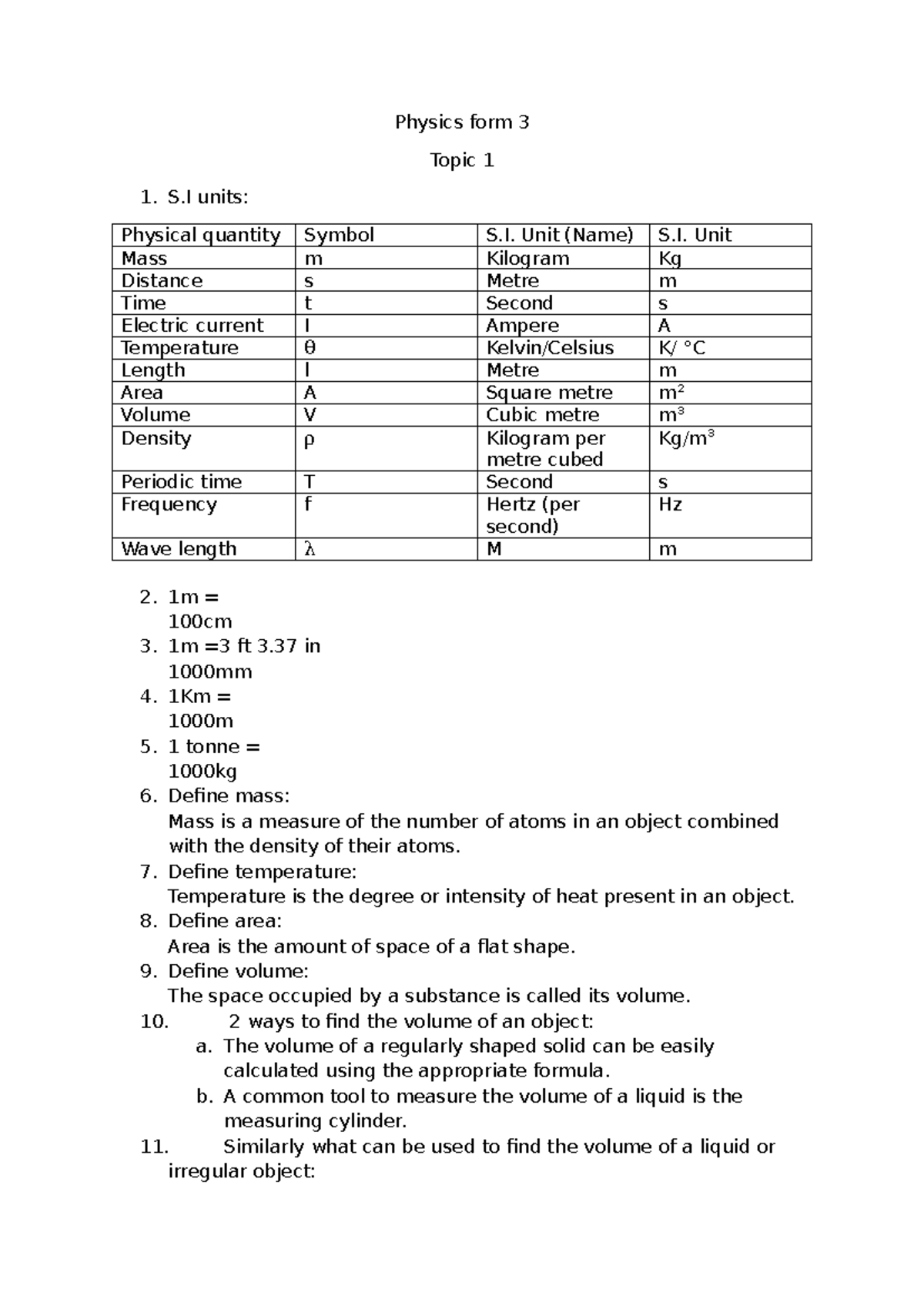 Physics Form 3: Topic 1 - S.I. Units and Measurement Techniques - Studocu