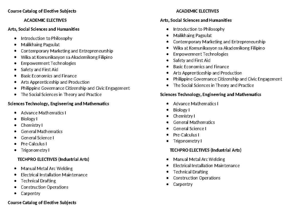 Course Catalog of Elective Subjects: ACADEMIC & TECHPRO Electives - Studocu