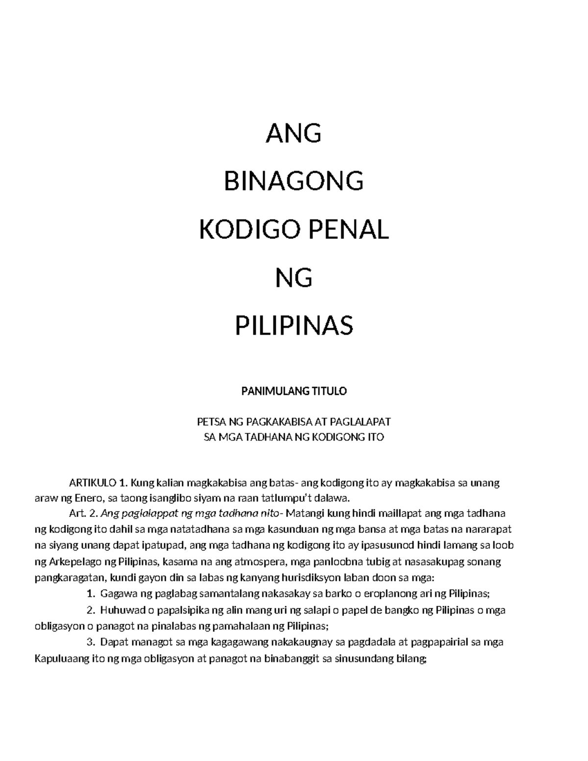 RPC Book 1: Binagong Kodigo Penal ng Pilipinas - Artikulo at Tadhana ...