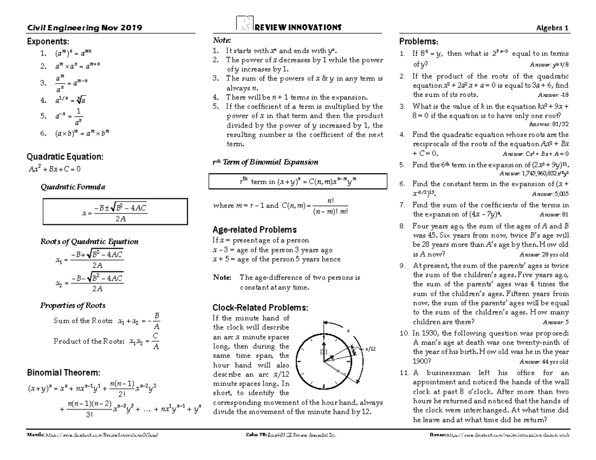 Algebra 1 Nov 2019 Review: Exponents, Quadratic Equations & More - Studocu