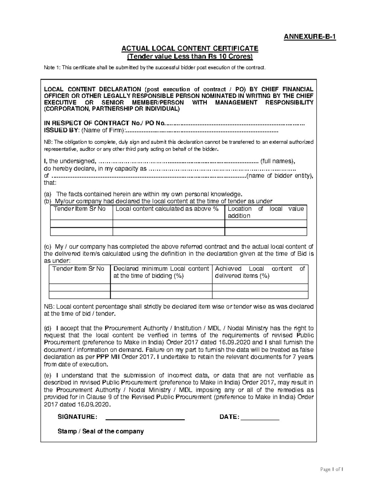 ACTUAL LOCAL CONTENT CERTIFICATE (Tender