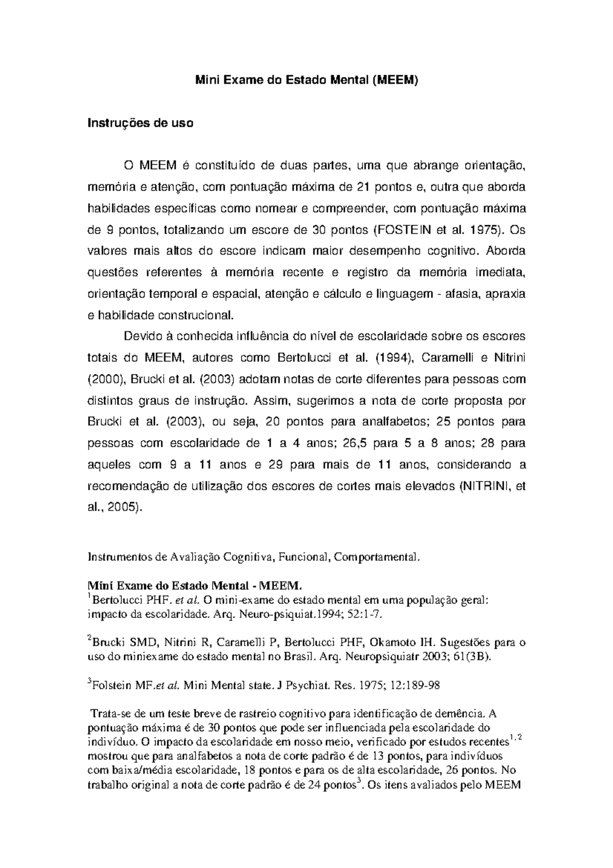 Mini Exame do Estado Mental (MEEM) - Guia Completo e Instruções - Studocu