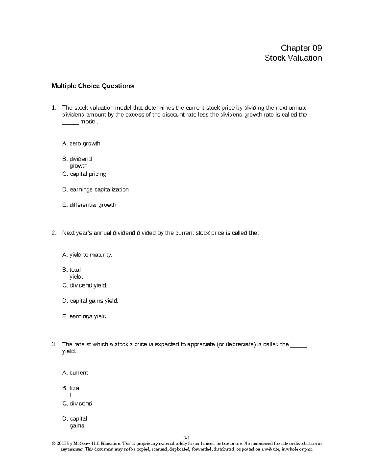 Chapter 09 Stock Valuation MCQs - Test Bank - Studocu