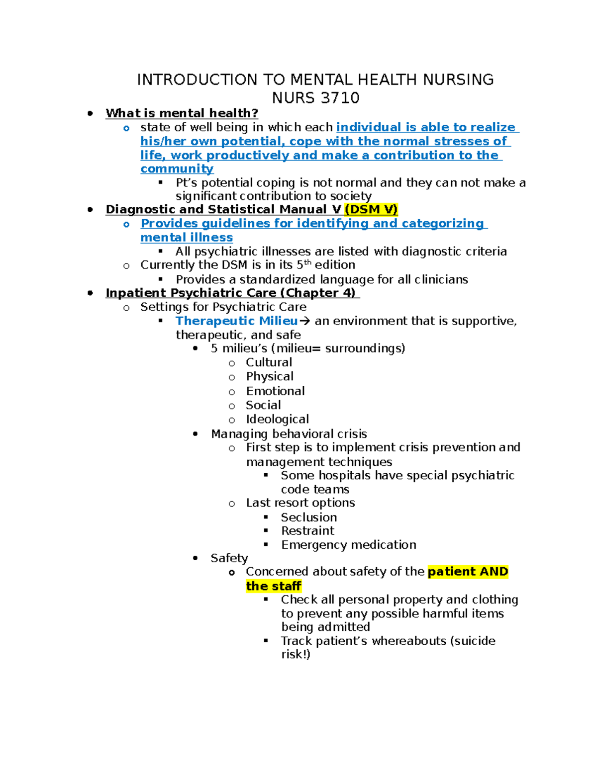 NURS 3710: Intro to Mental Health Nursing Overview and Key Concepts ...