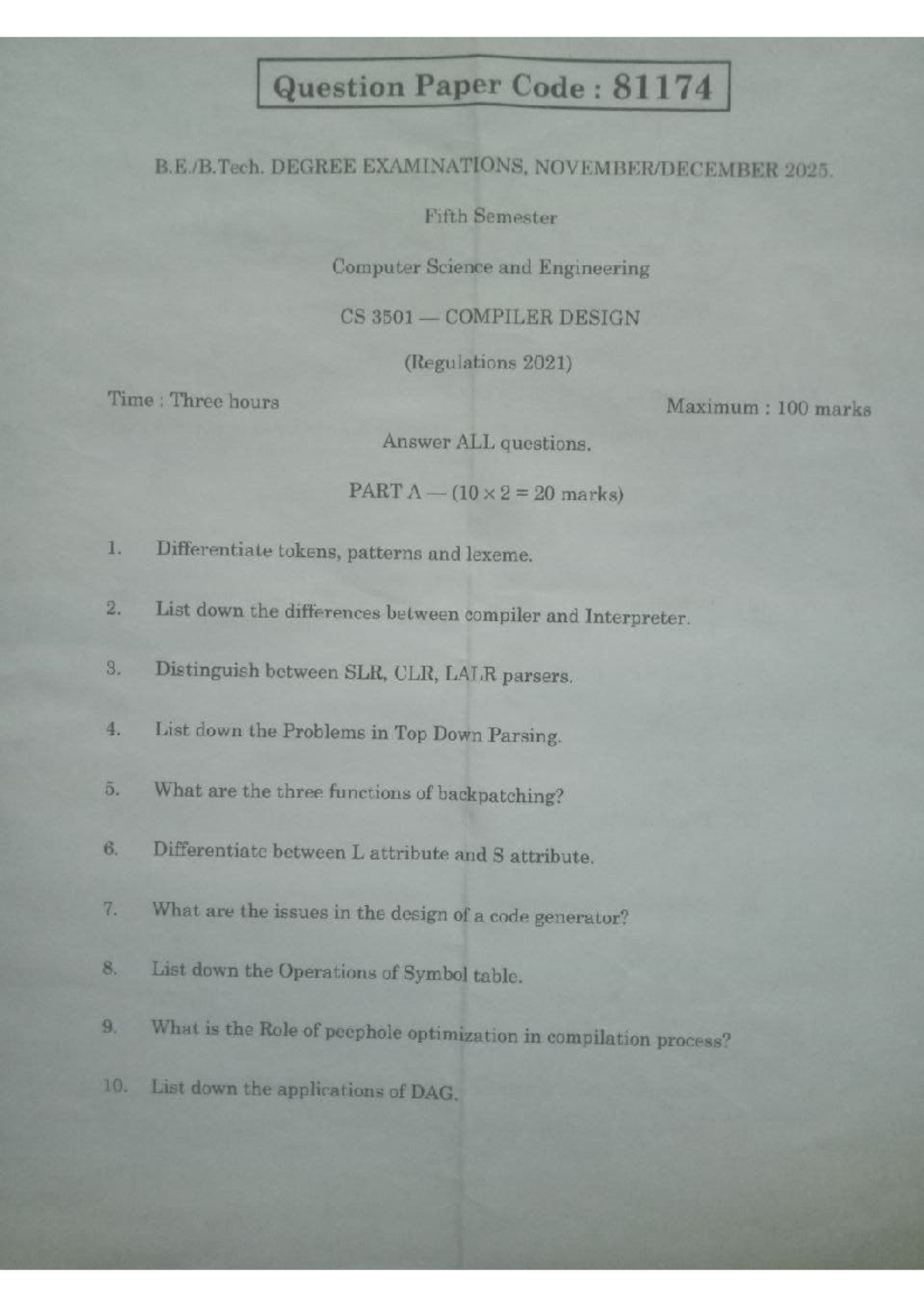 CS3501 Compiler Design Nov-Dec 2025 Question Paper - Studocu