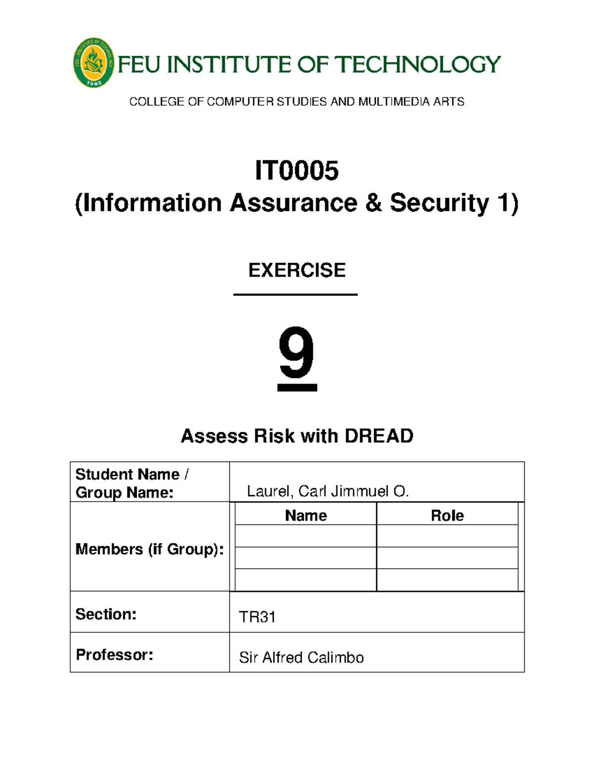 IT0005-Lab Exercise 9 - Risk Assessment Using DREAD Model - Studocu