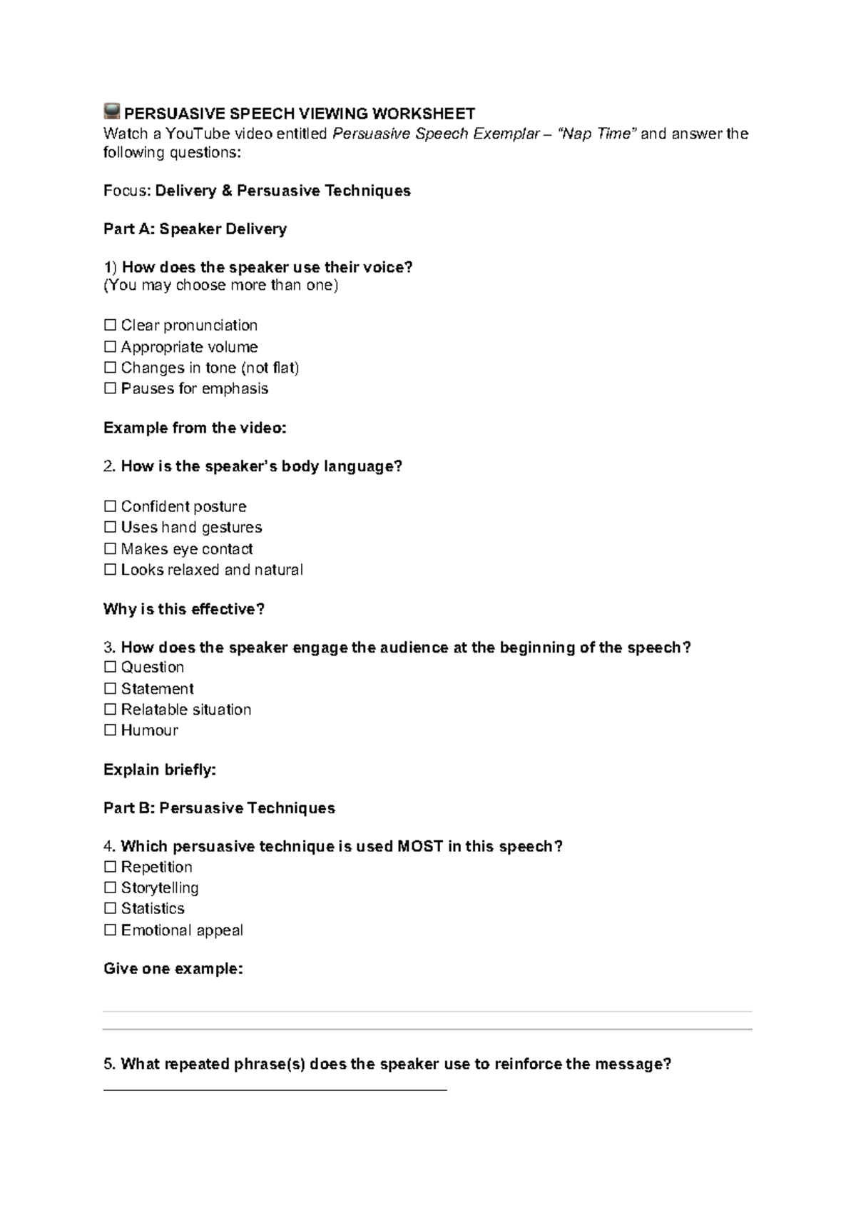 PERS 101: Persuasive Speech Viewing Worksheet & Analysis - Studocu